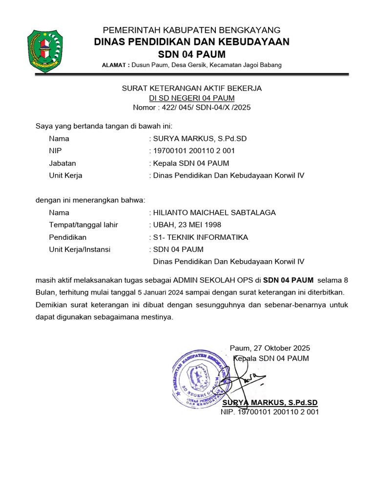 Surat Keterangan Aktif Hilianto Maichael | PDF