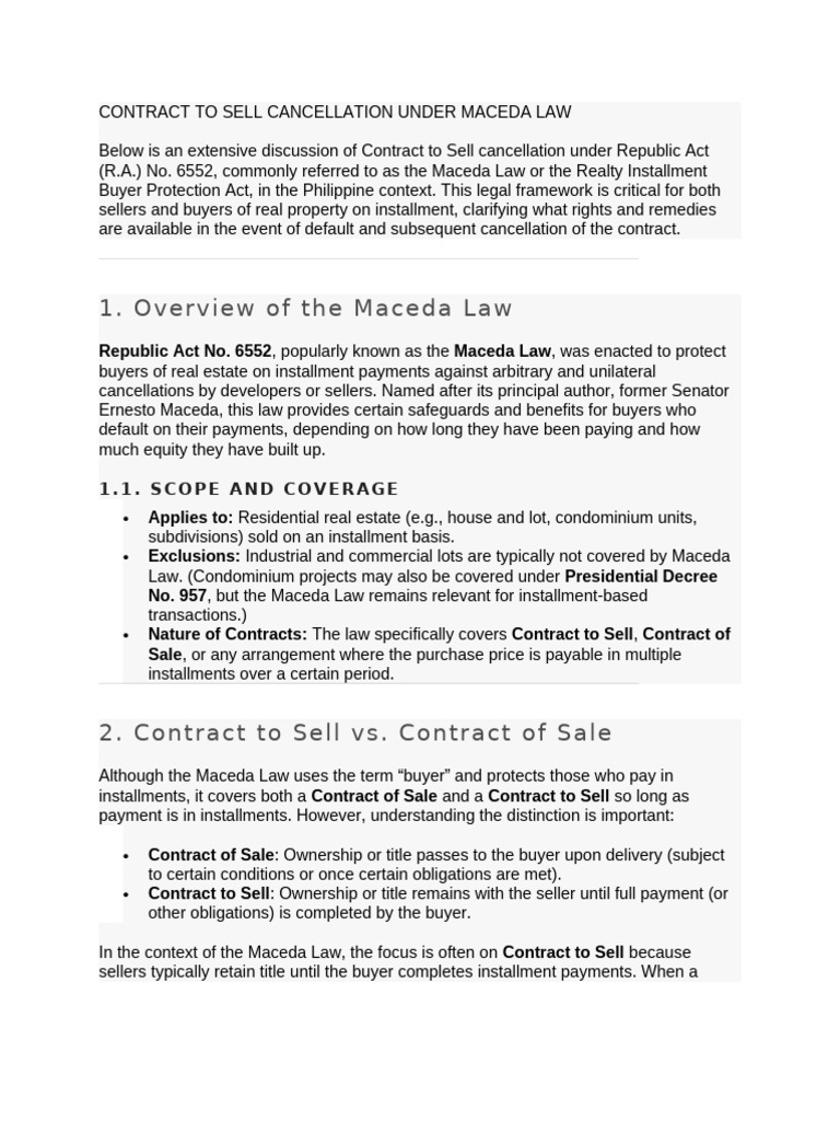 Maceda Law: Contract to Sell Cancellation | PDF | Repossession | Payments