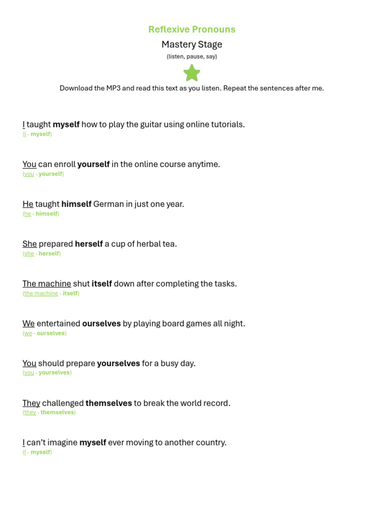 Reflexive+Pronouns+Mastery+Stage | PDF