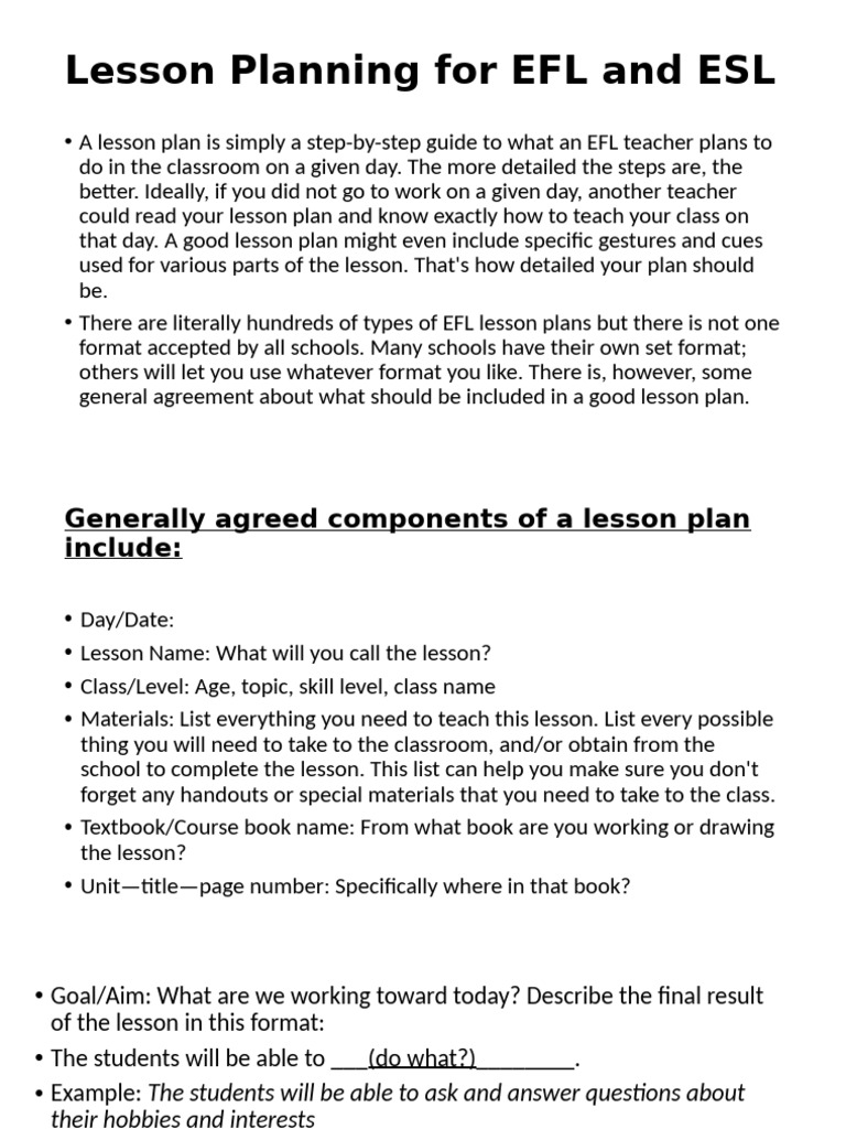 EFL/ESL Lesson Planning Guide | PDF | Lesson Plan | Curriculum