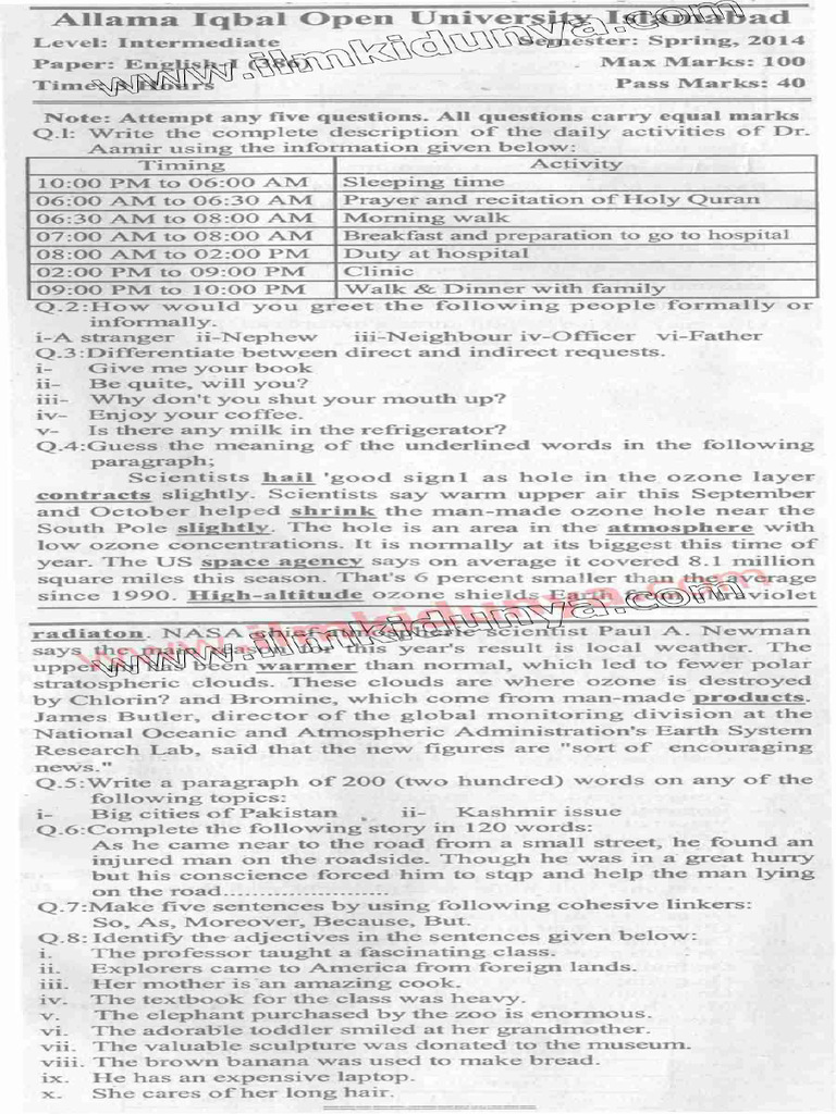 Past Papers 2014 Allama Iqbal Open University Intermediate English 1