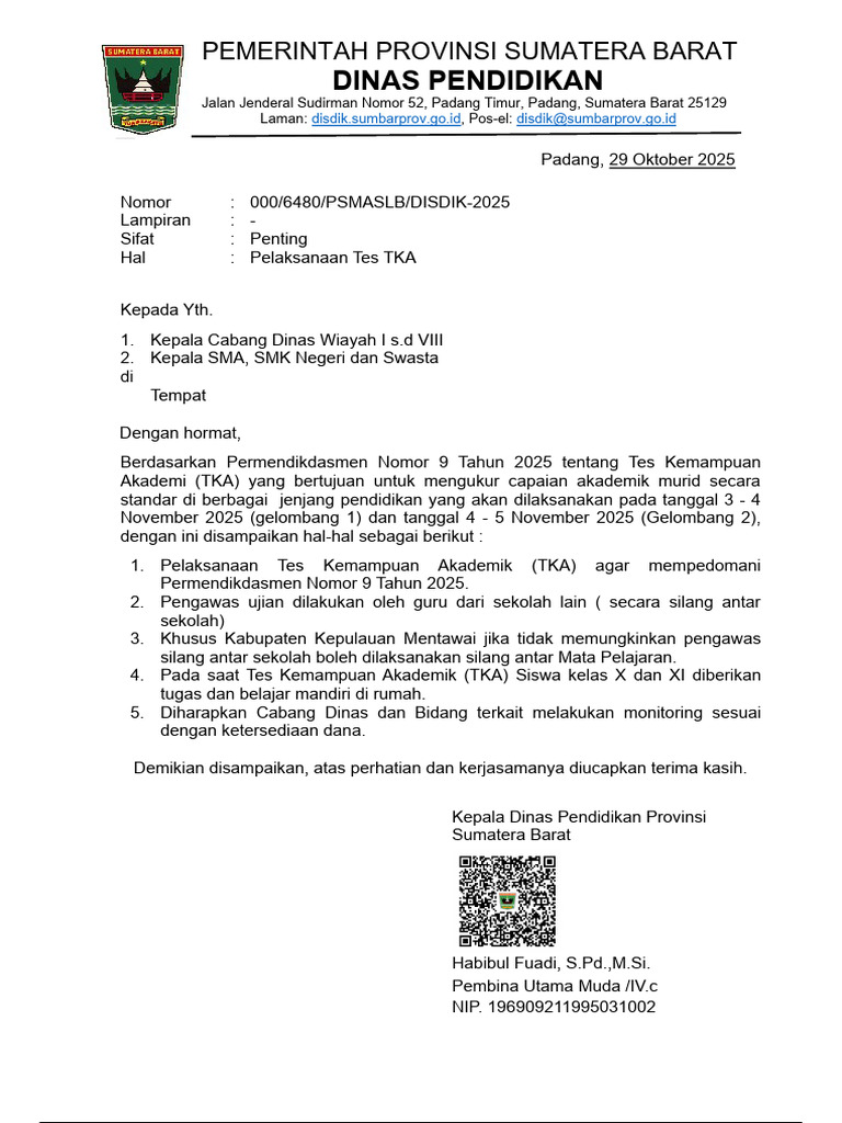 Pelaksanaan Tes TKA 2025 di Sumbar | PDF