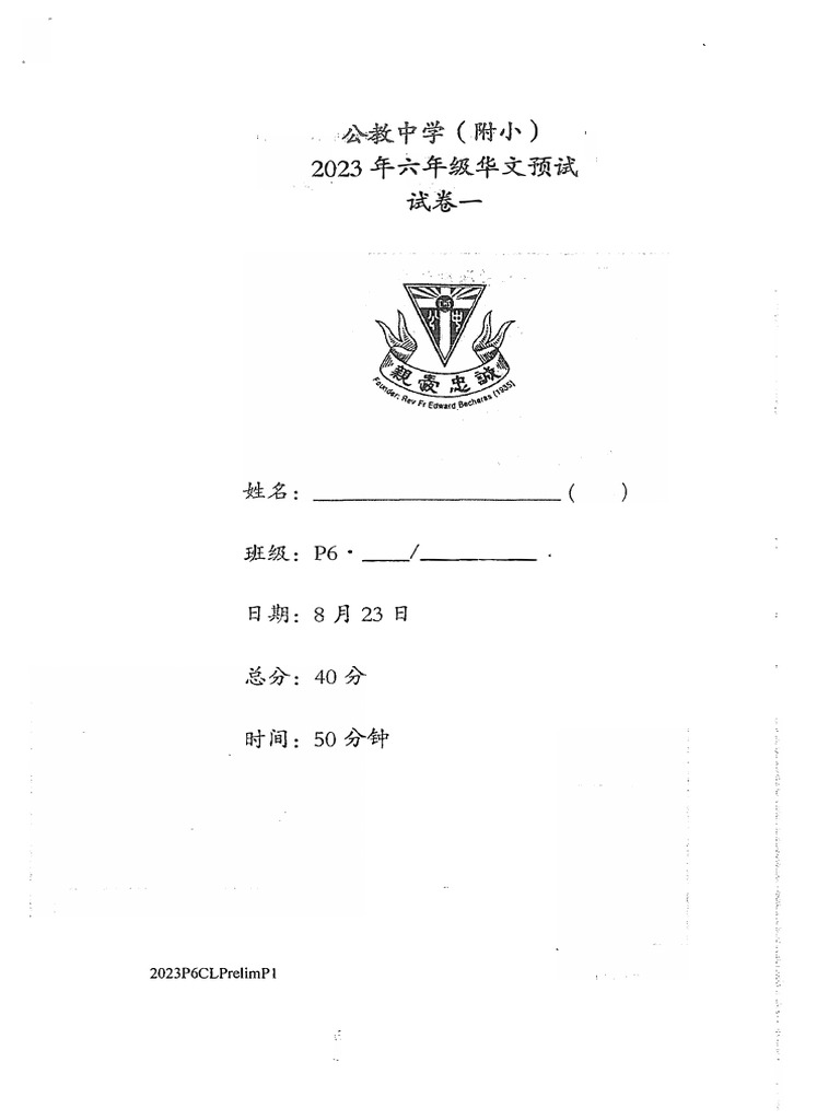 P6 Chinese Prelim 2023 CatholicHigh Exam Papers | PDF