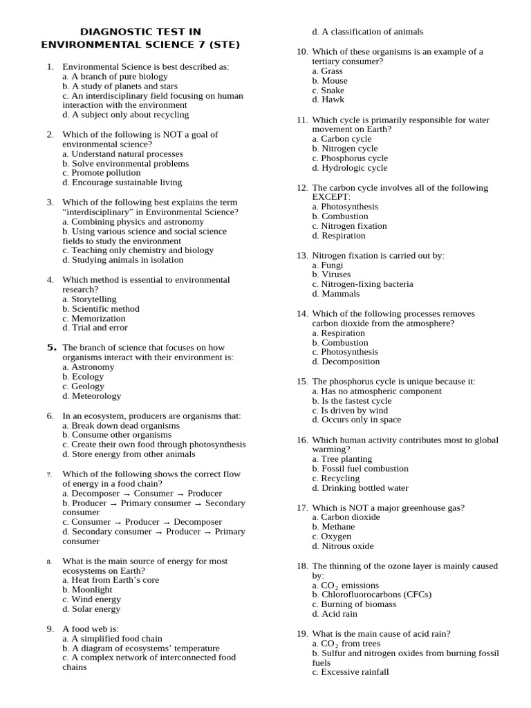 Environmental Science Diagnostic Test | PDF | Combustion | Ecosystem
