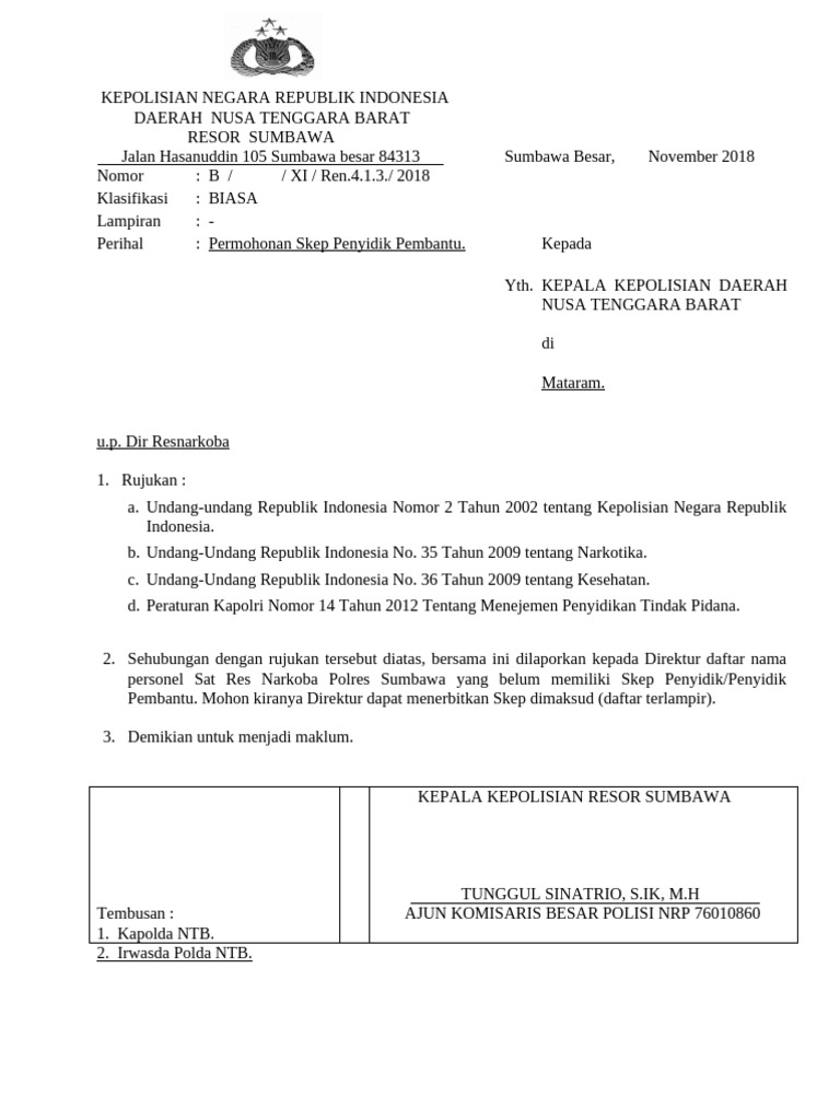 Permohonan Skep Penyidik Narkoba Sumbawa | PDF