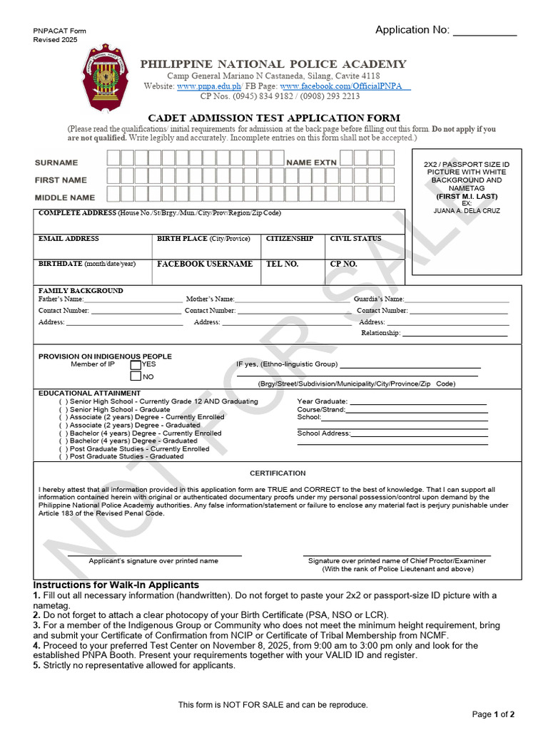PNPA Cadet Admission Test Form 2025 | PDF | Philippines