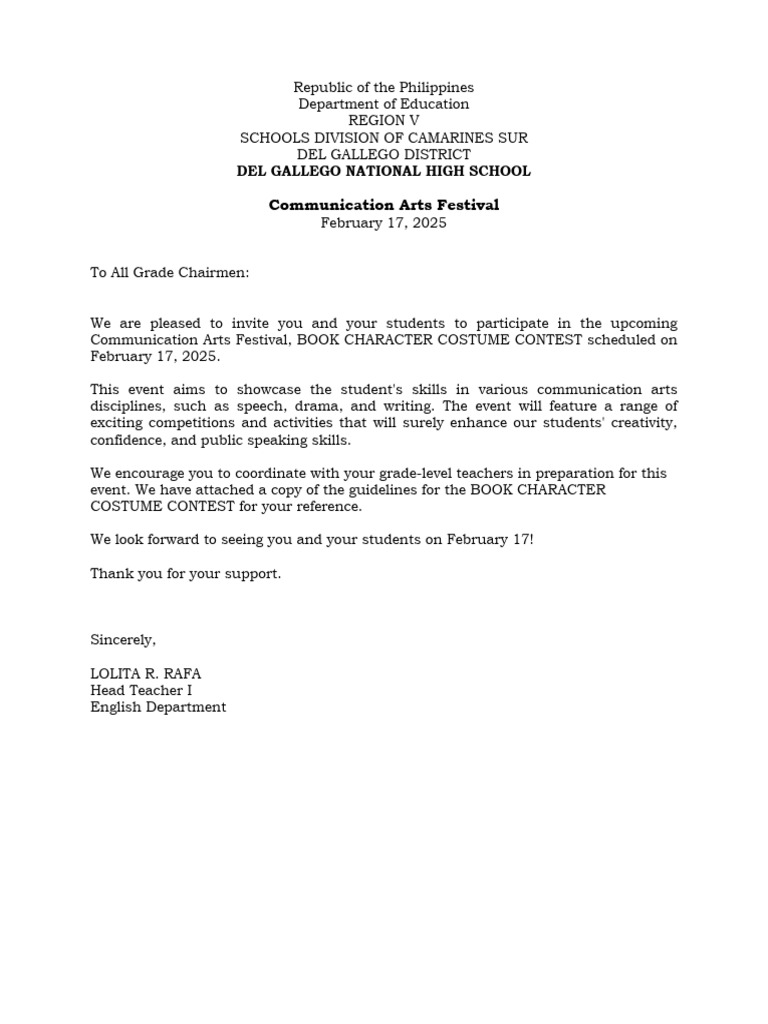 Communication Letter - Comm Arts Day Celebration | PDF