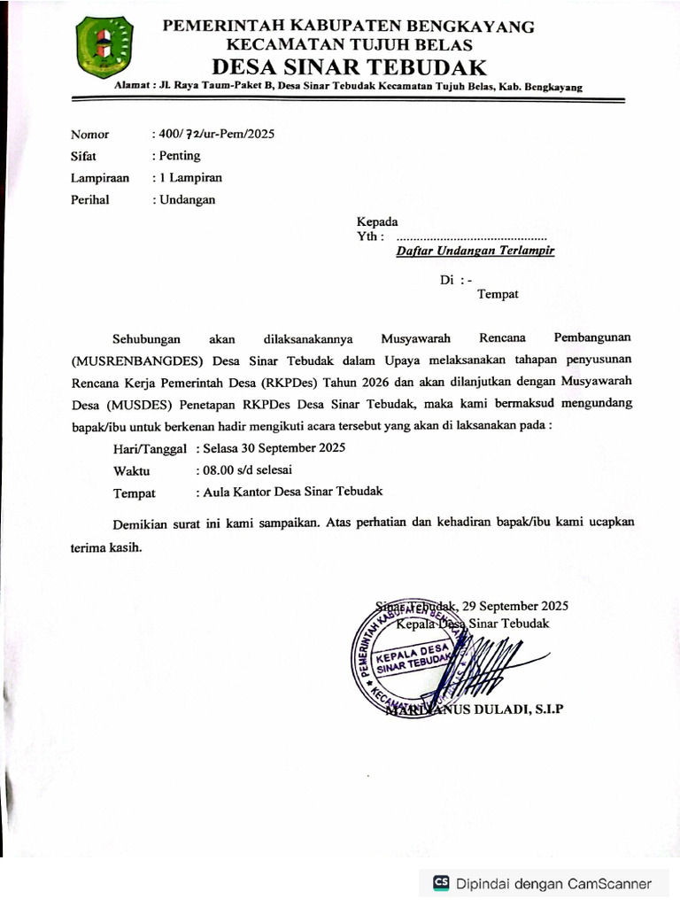 Undangan Musrenbang Dan Penetapan RKPDES Desa Sinar Tebudak | PDF