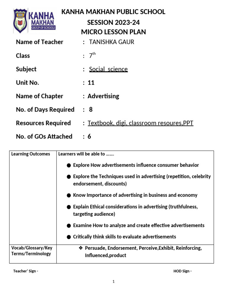 Advertising Micro Lesson Plan 2023-24 | PDF | Advertising | Brand