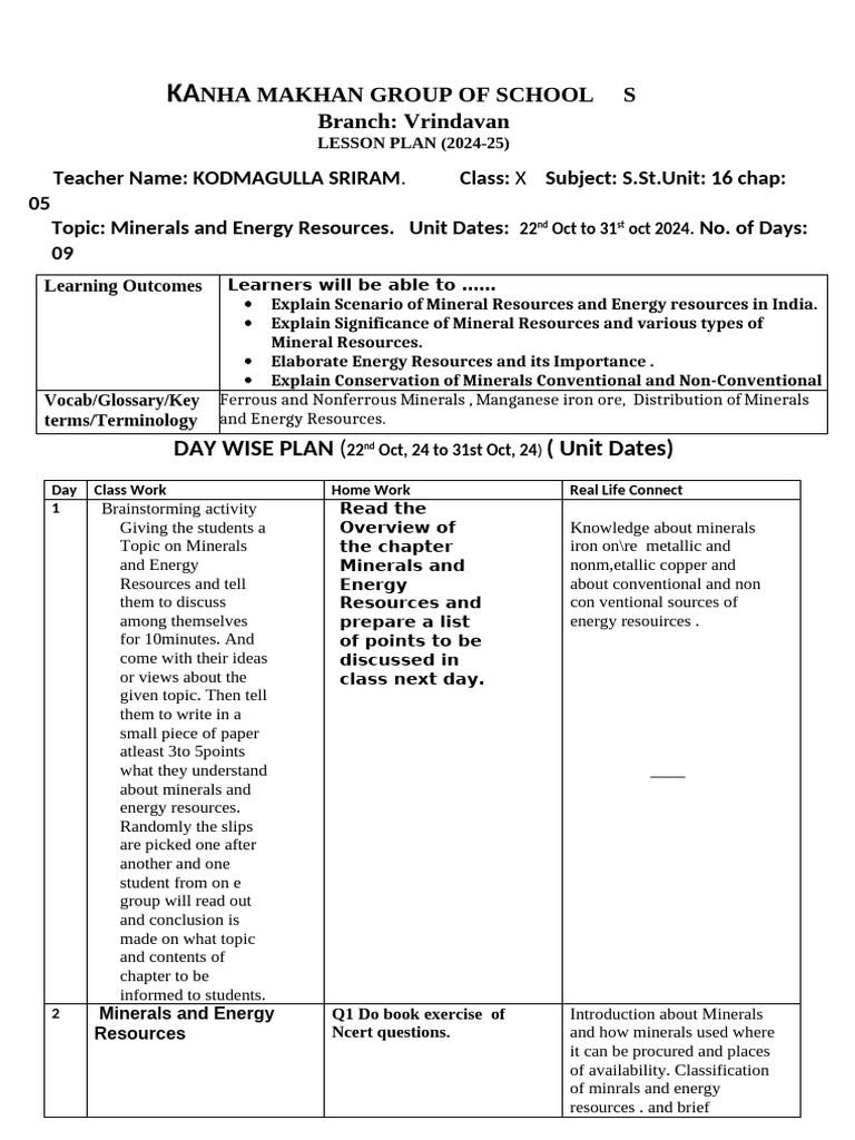 Lesson Plan Unit 15 Class X SST | PDF | Mining | Materials