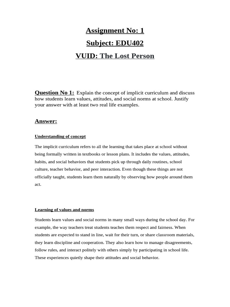Implicit Curriculum: Values in Education | PDF
