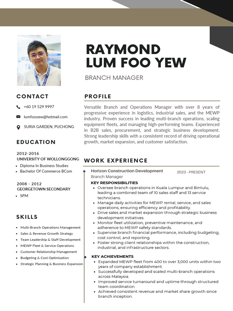 Lum Raymond Sales Executive (Selangor, Penang, Kuantan & KK) Resume ...