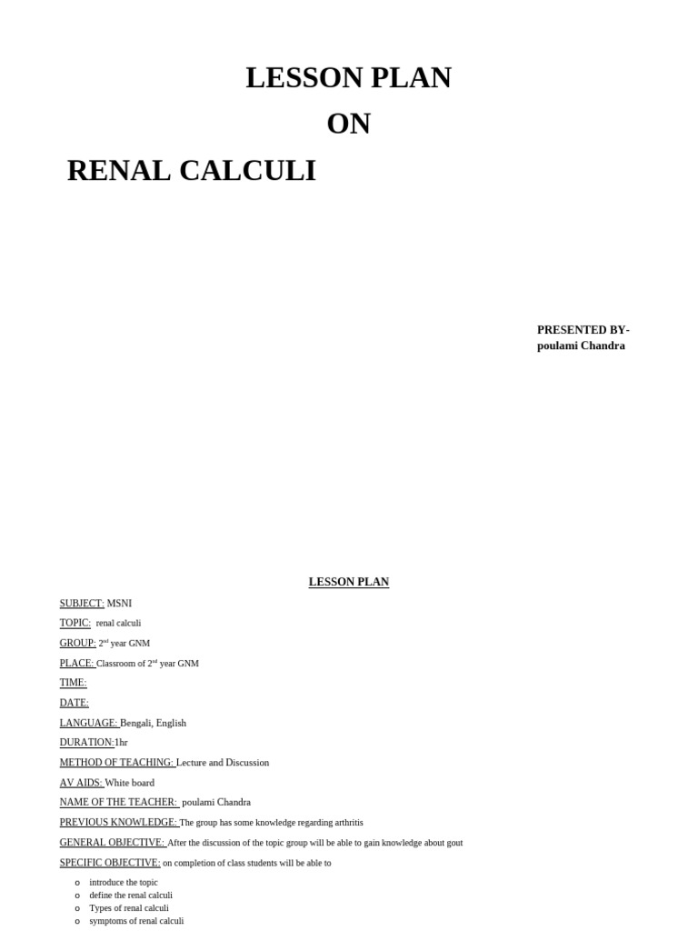 Lesson Plan On Renal Calculi | PDF | Kidney | Urinary System