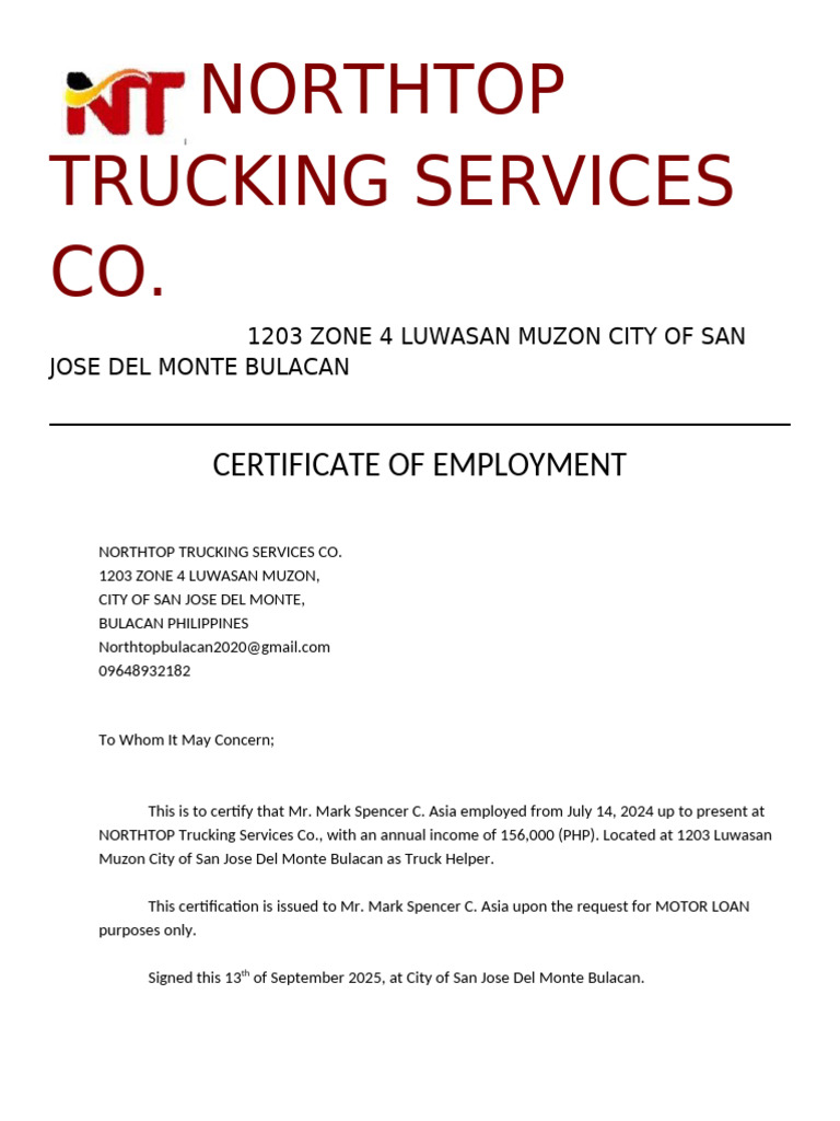 Certificate of Employment for Truck Helper | PDF