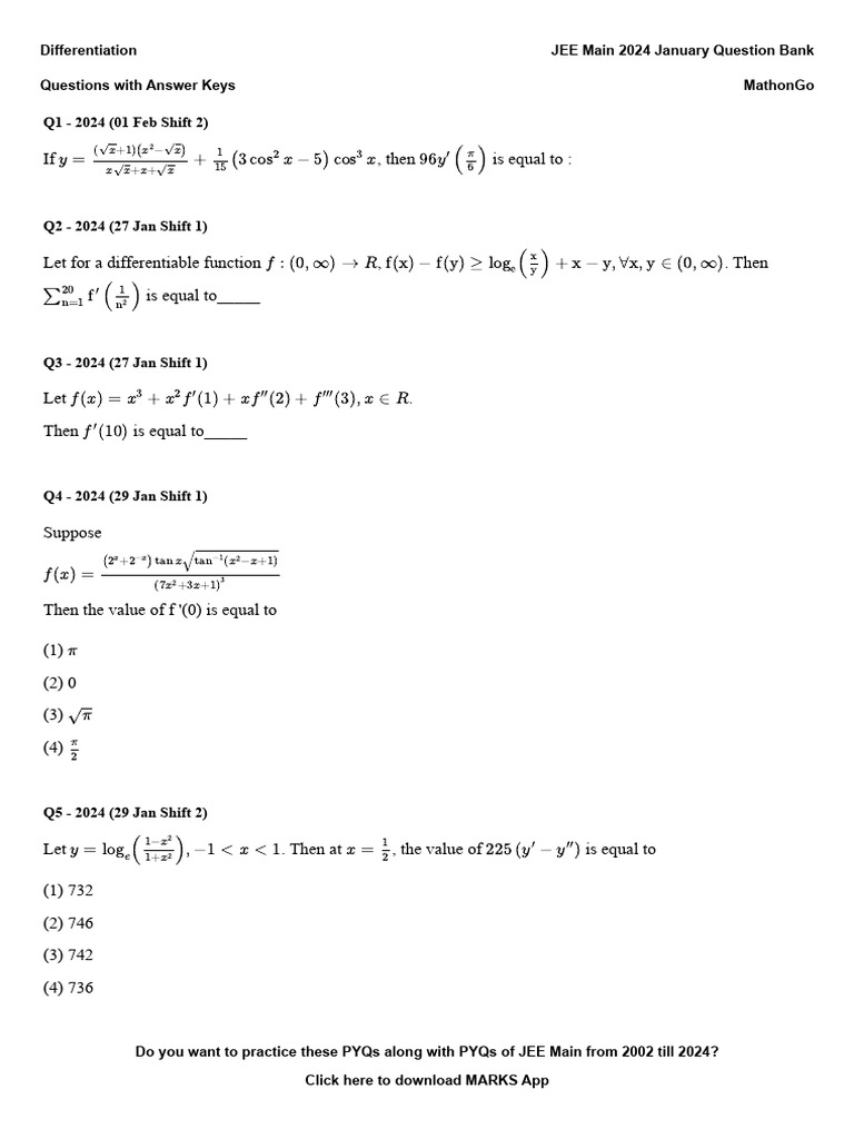 Differentiation - JEE Main 2024 January Question Bank - MathonGo | PDF