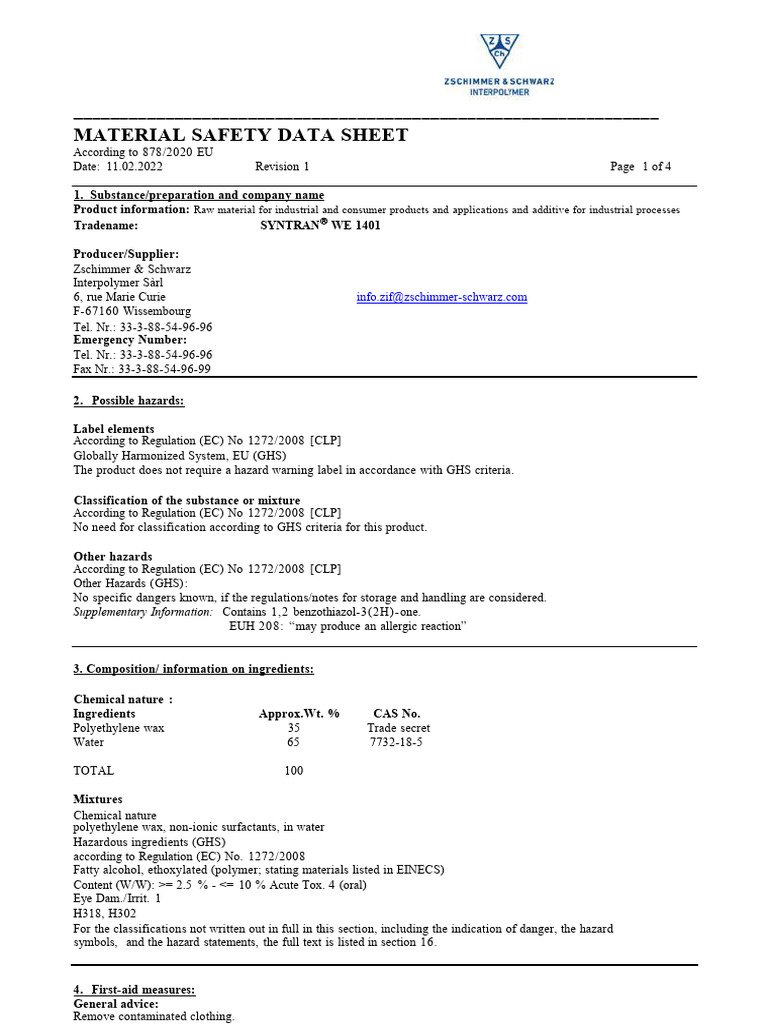 MSDS - Syntran - WE 1401 (2022 Revision) | PDF | Environmental Science | Occupational Safety And ...