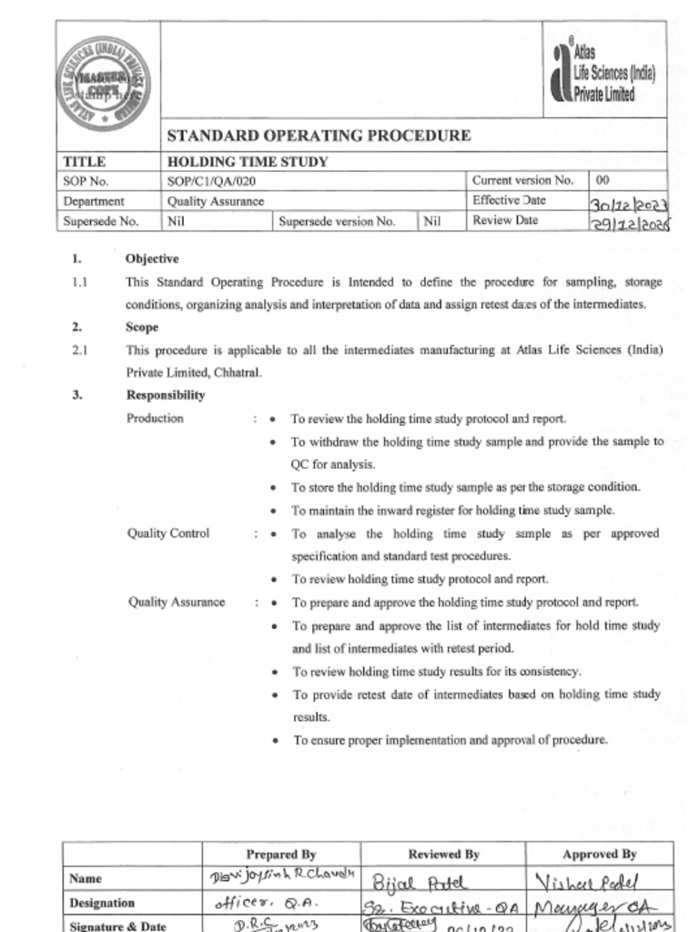 Sop c1 Qa 020 Hold Time Study | PDF