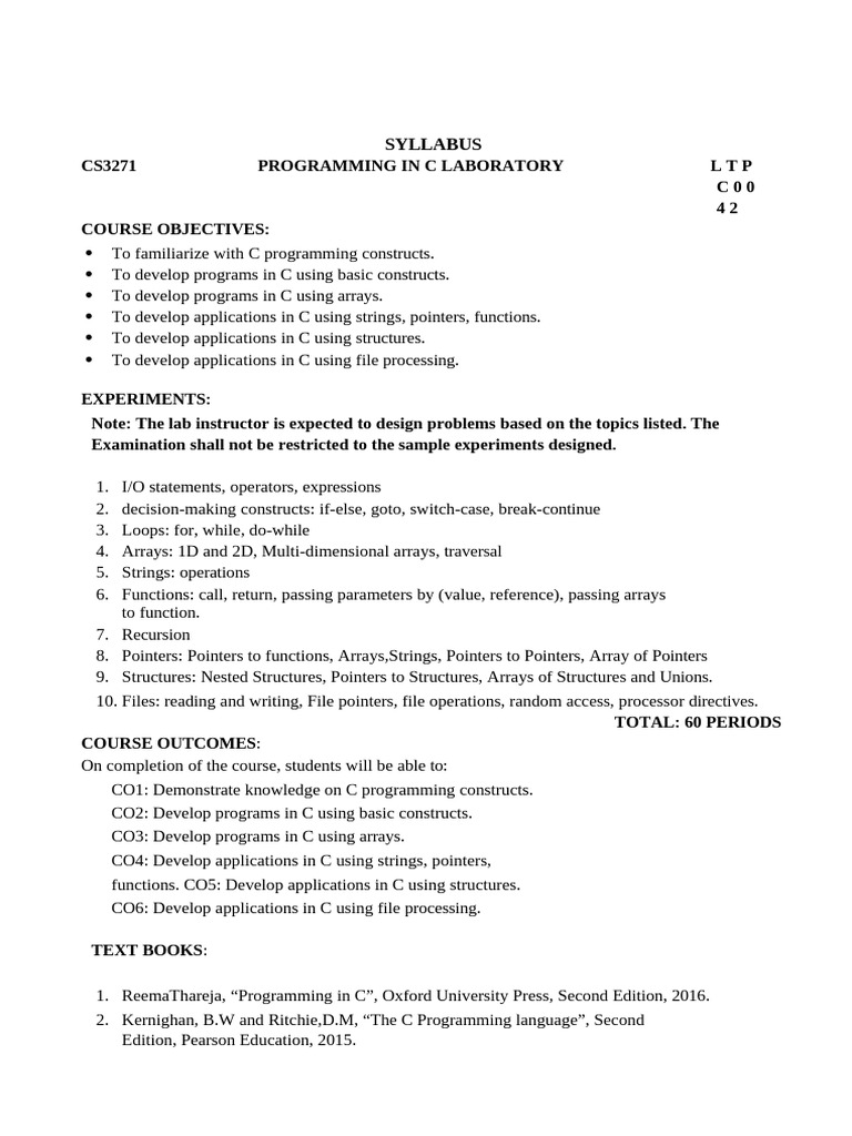 CS3271 Programming in C Syllabus | PDF | Pointer (Computer Programming ...