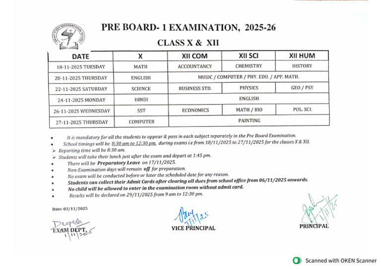 Pre Board 1 Schedule | PDF