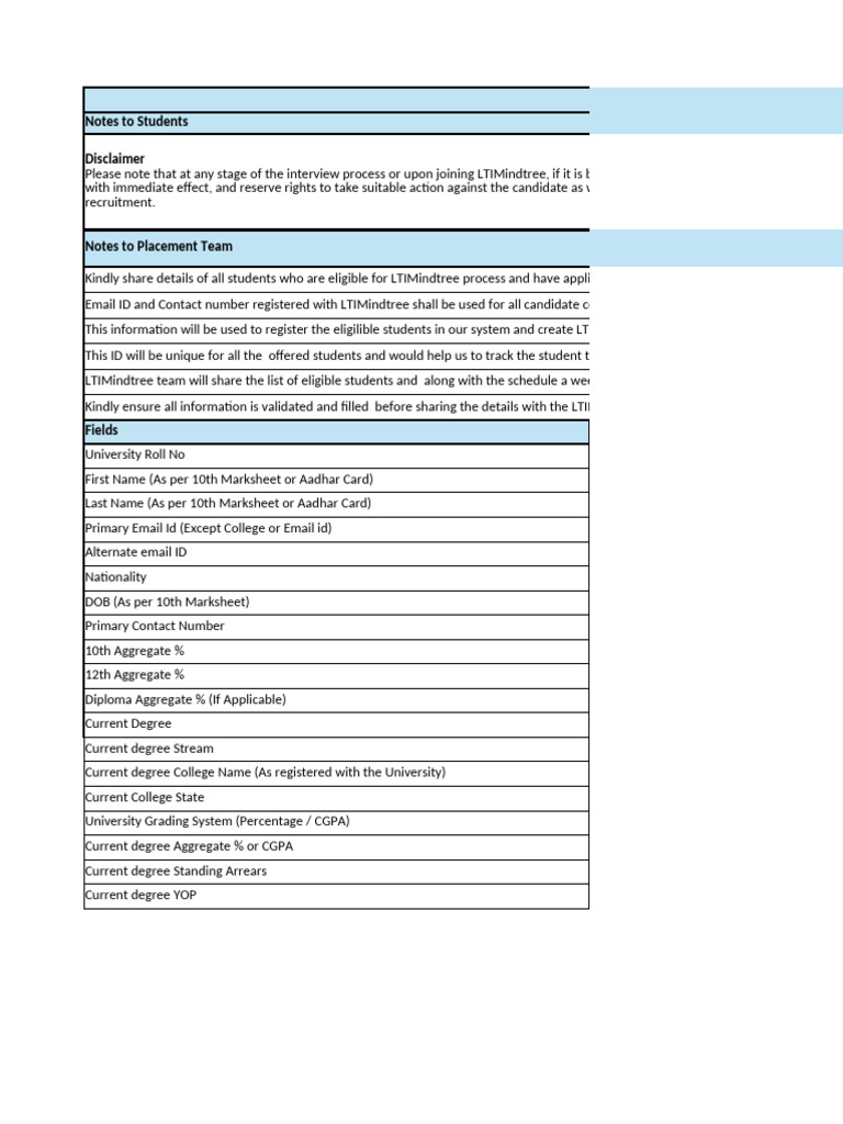LTIMindtree Candidate Information Sheet 2026 Batch. | PDF