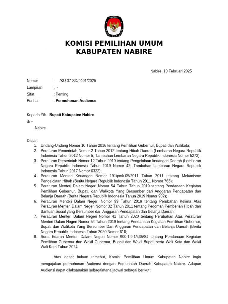 Permohonan Audiensi KPU Nabire 2025 | PDF