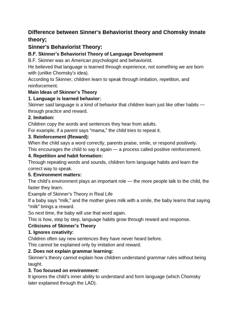 Skinner vs. Chomsky: Language Theories Explained | PDF | Language ...