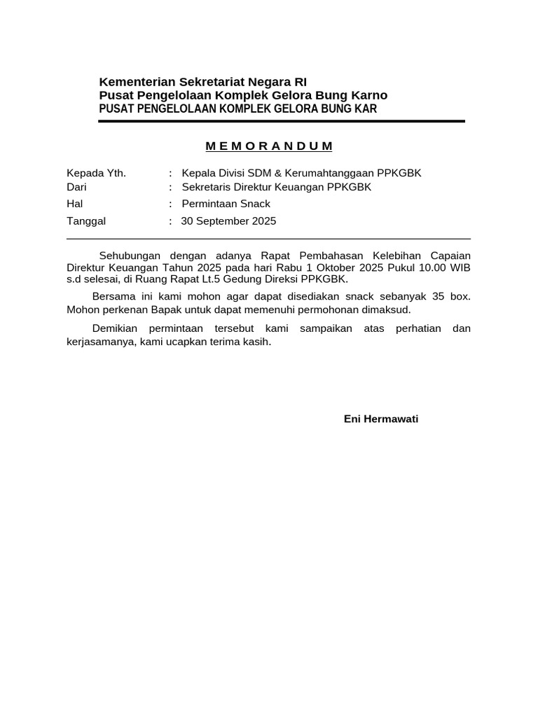 Permintaan Snack untuk Rapat PPKGBK | PDF