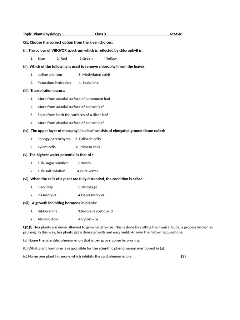 Plant Physiology 40 Marks | PDF | Leaf | Plant Hormone