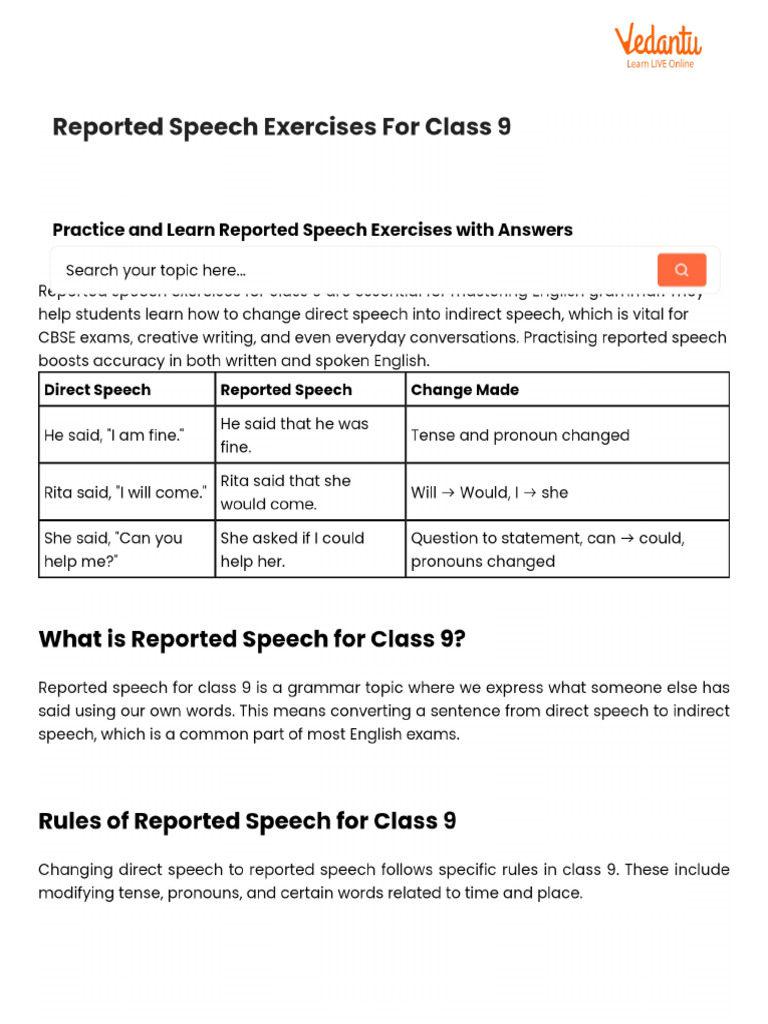 Reported Speech Exercises For Class 9 | PDF