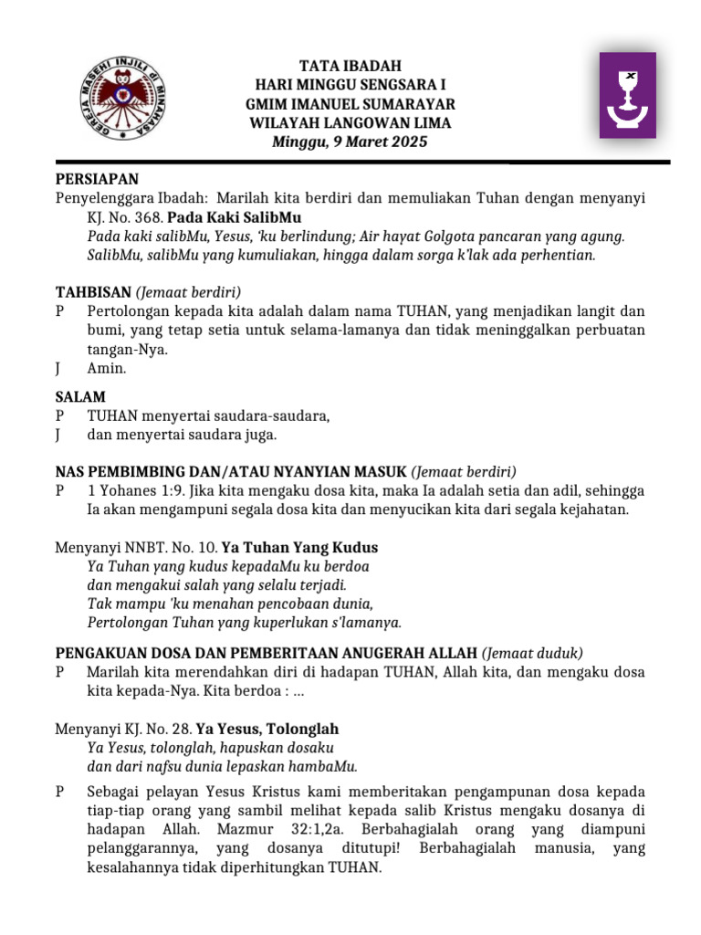Tata Ibadah Hari Minggu Sengsara I 9 Maret 2025 | PDF