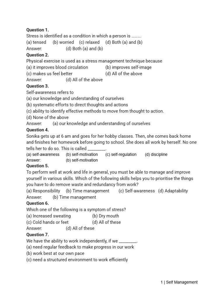 Self Management Skills - MCQ | PDF | Goal | Stress Management