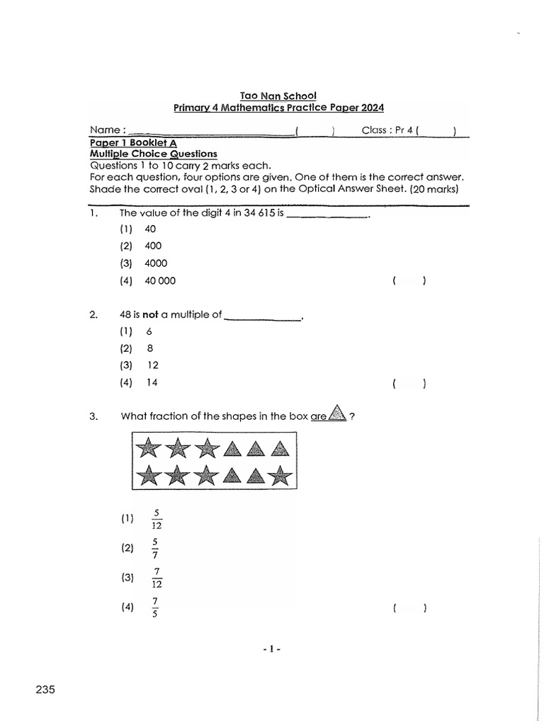 P4 Maths WA3 2024 TaoNan Exam Papers | PDF