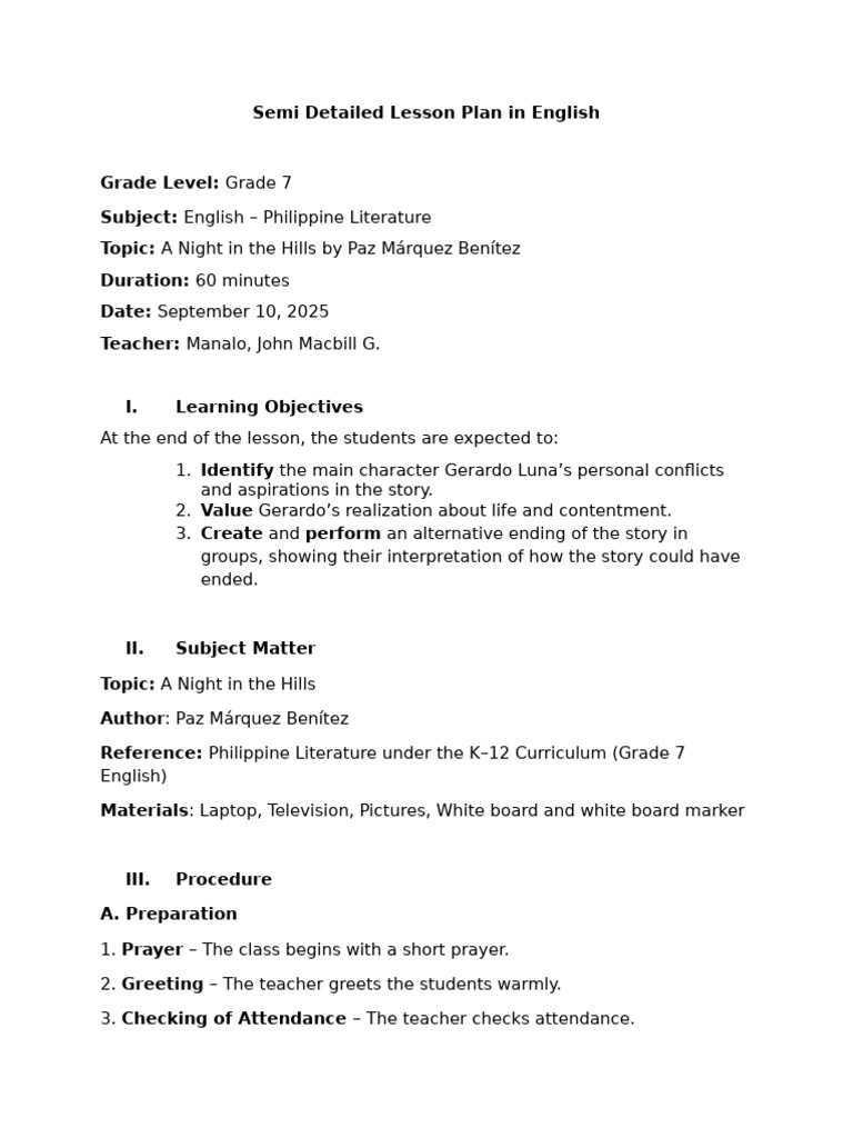 A Night in The Hill Lesson Plan | PDF | Teachers | Lesson Plan