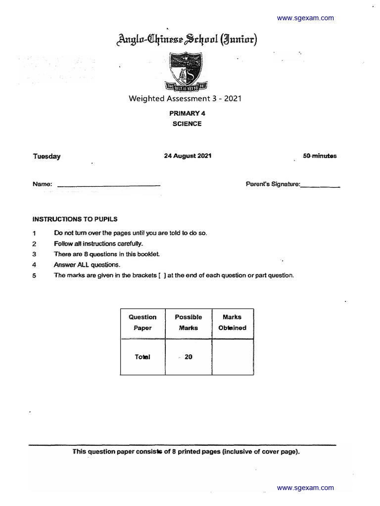 2021 P4 Science CA2 ACSJ | PDF