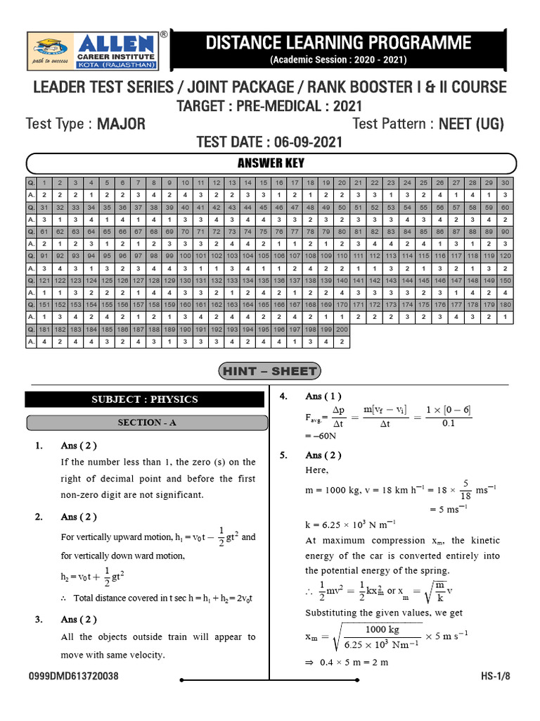 Allen Rank Booster Full Syllabus Test-5 - Solution - New Pattern | PDF ...