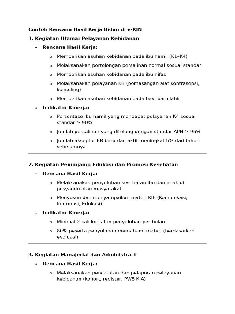 Contoh Rencana Hasil Kerja Bidan Di e | PDF