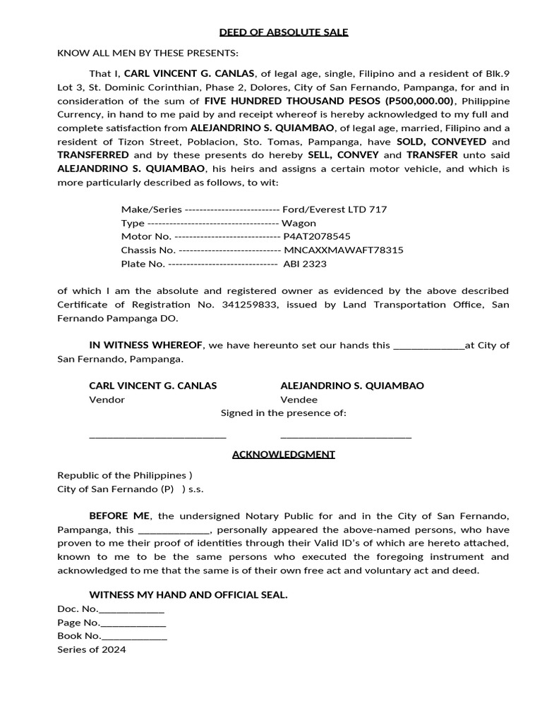 Deed of Absolute Sale for Vehicle | PDF