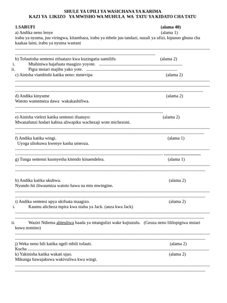Kazi Ya Likizo Kidato Cha 3 | PDF