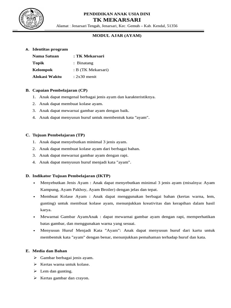 Pembelajaran Ayam untuk Anak TK | PDF
