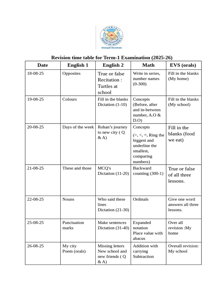 Revision Time Table Term 1 | PDF