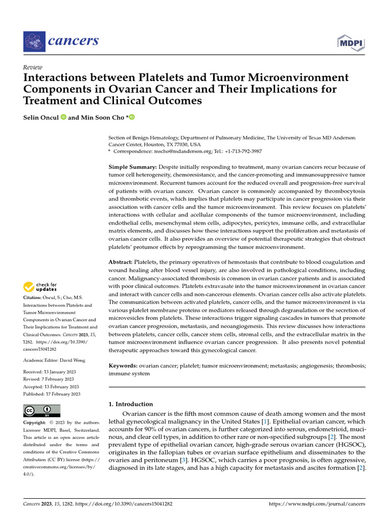 Platelet-Tumor Microenvironment Interactions in Ovarian Cancer | PDF ...