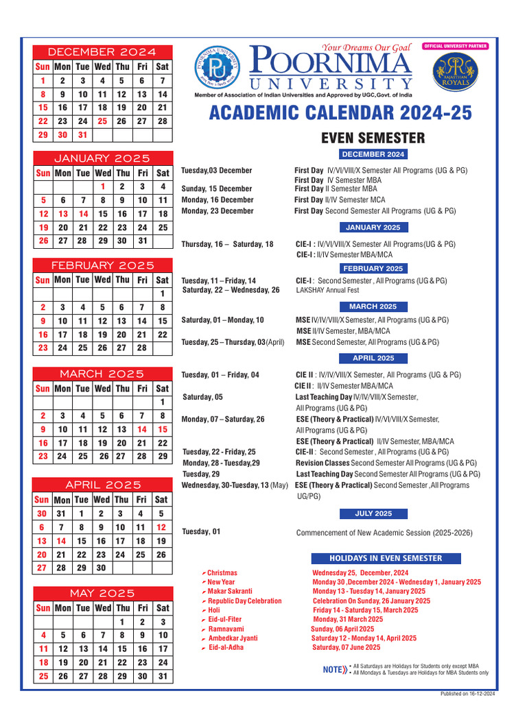 Poornima University 2024-25 Calendar | PDF | Academic Term | Observances