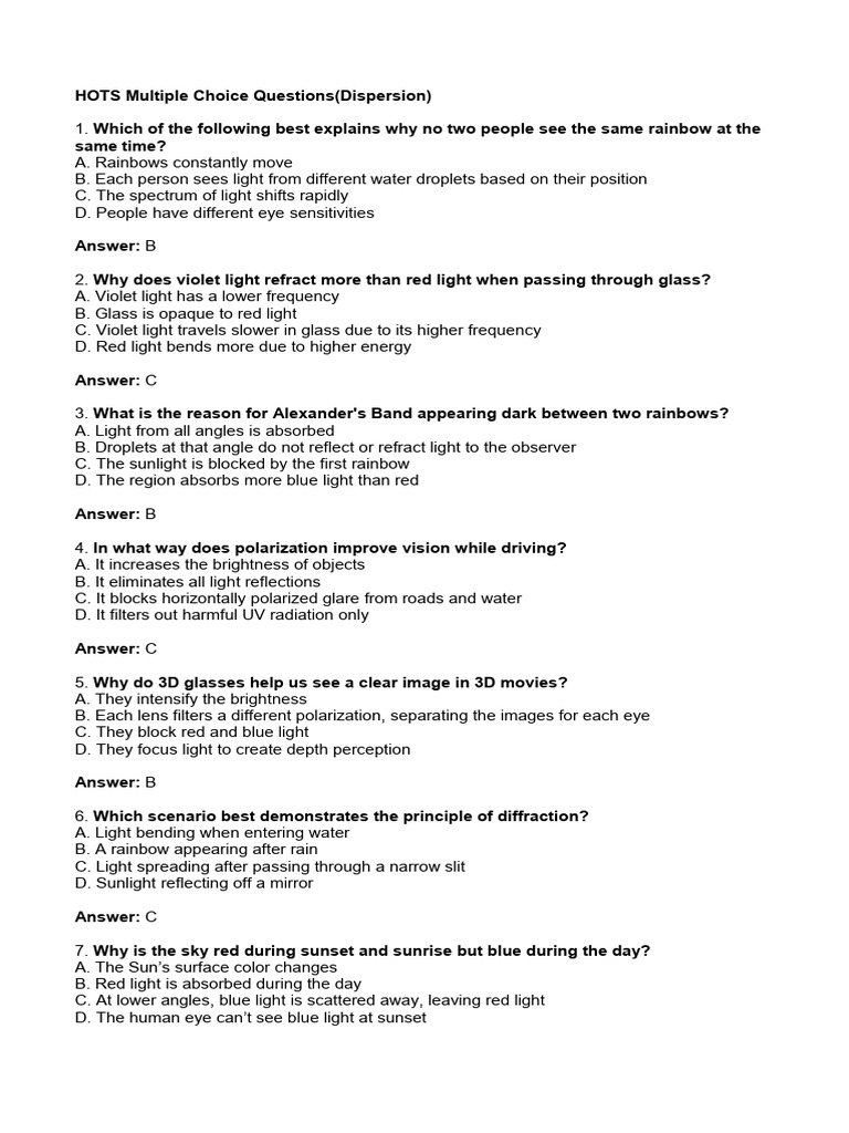 HOTS Questions on Light Refraction and Diffraction | PDF | Light ...