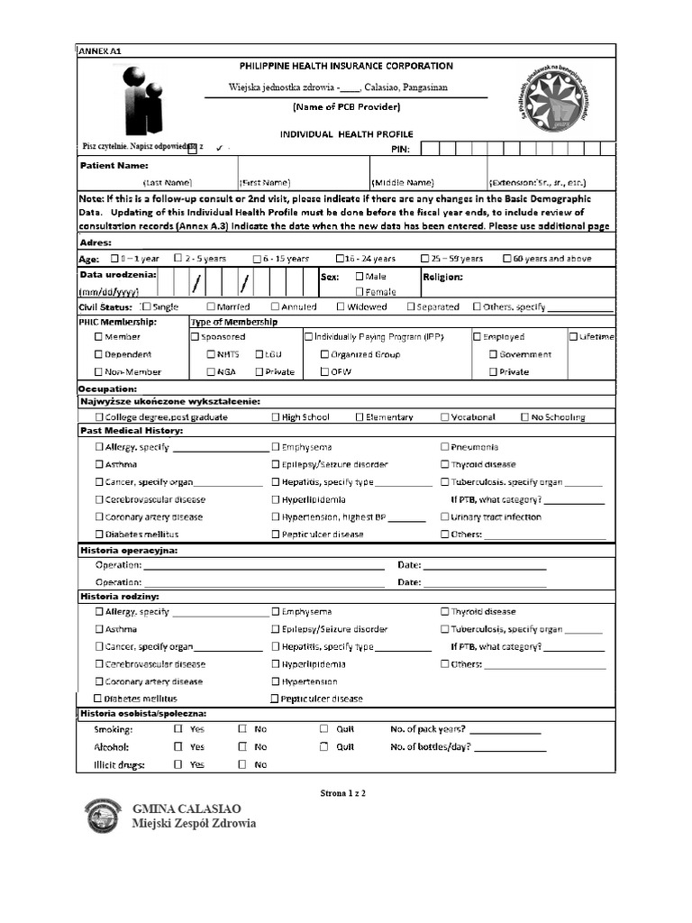 PCB Form Annex A1 Indywidualny Profil Zdrowia Przód | PDF