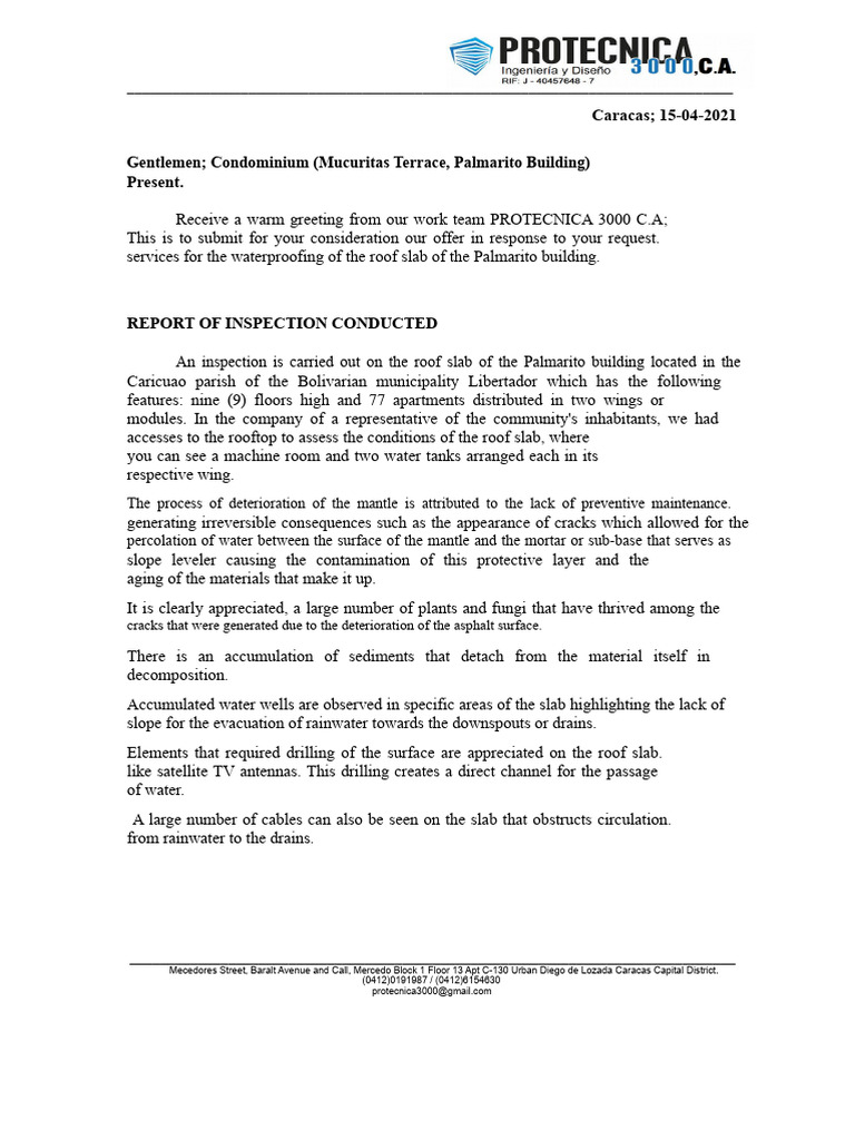 Waterproofing Report For The Building in Caricuao Reviewed | PDF | Roof ...