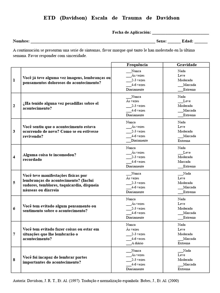 Escala de Trauma de Davidson (ETD) | PDF | Trauma psicológico | Doenças ...