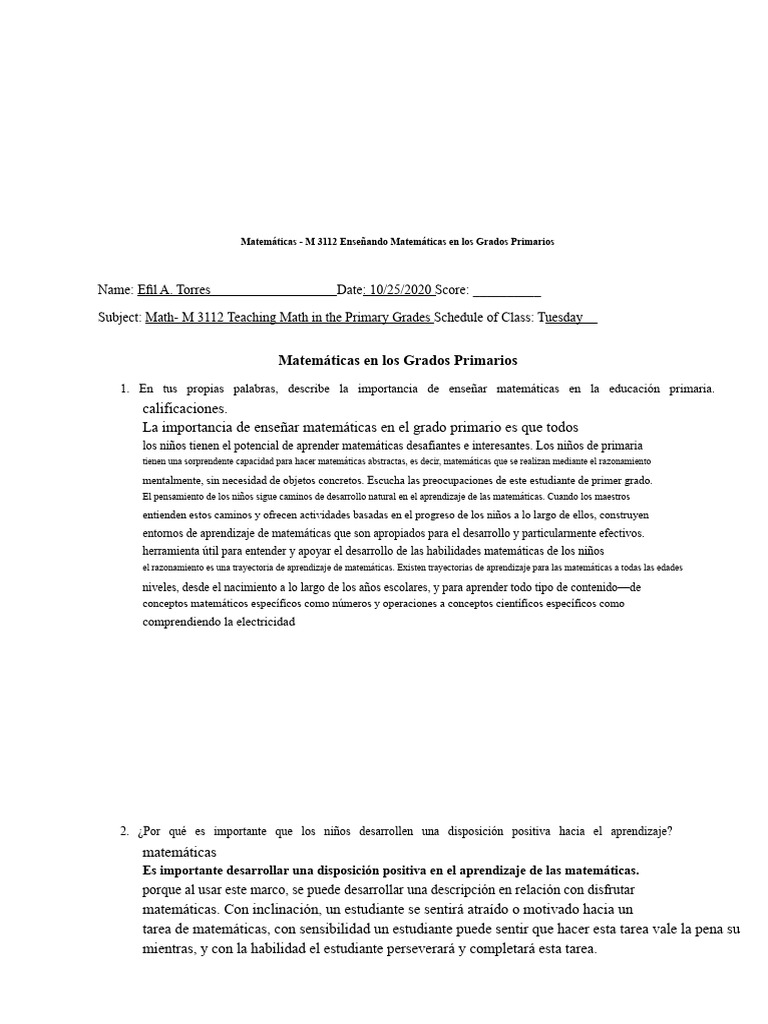 Actividad - Matemáticas en Los Grados Primarios | PDF | Aprendizaje ...