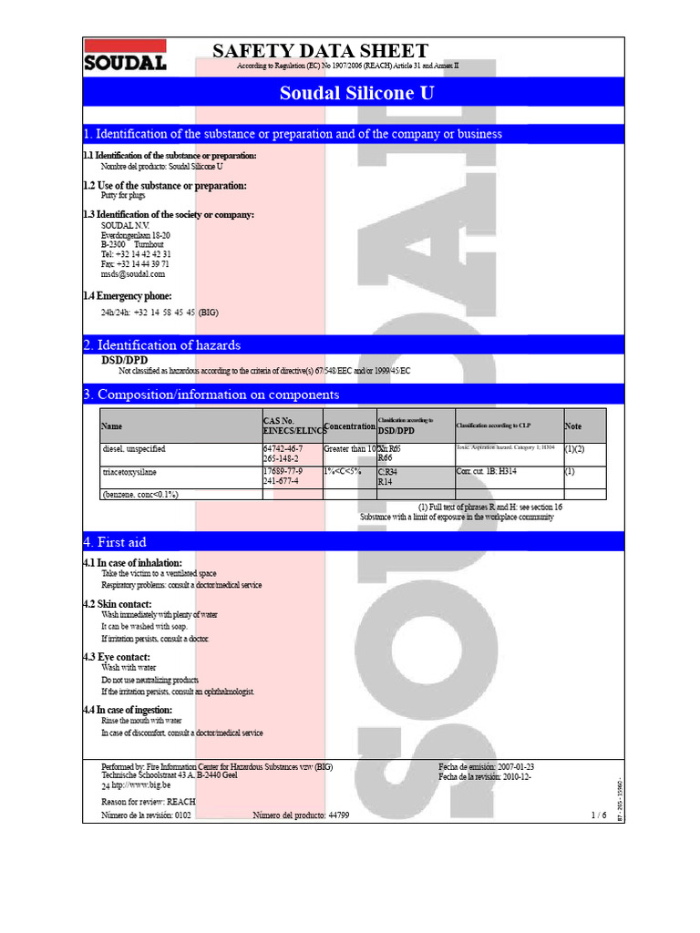 Soudal Silicone U Safety Data Sheet | PDF | Occupational Safety And ...