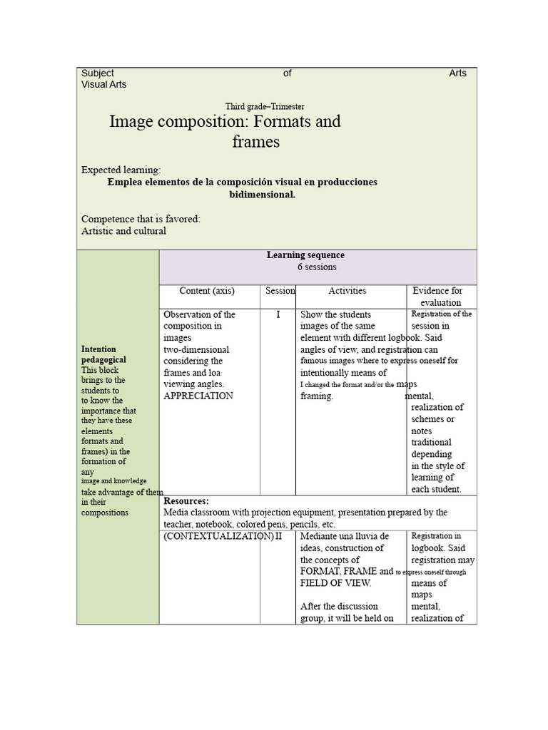 Teaching Planning Visual Arts Third Grade | PDF