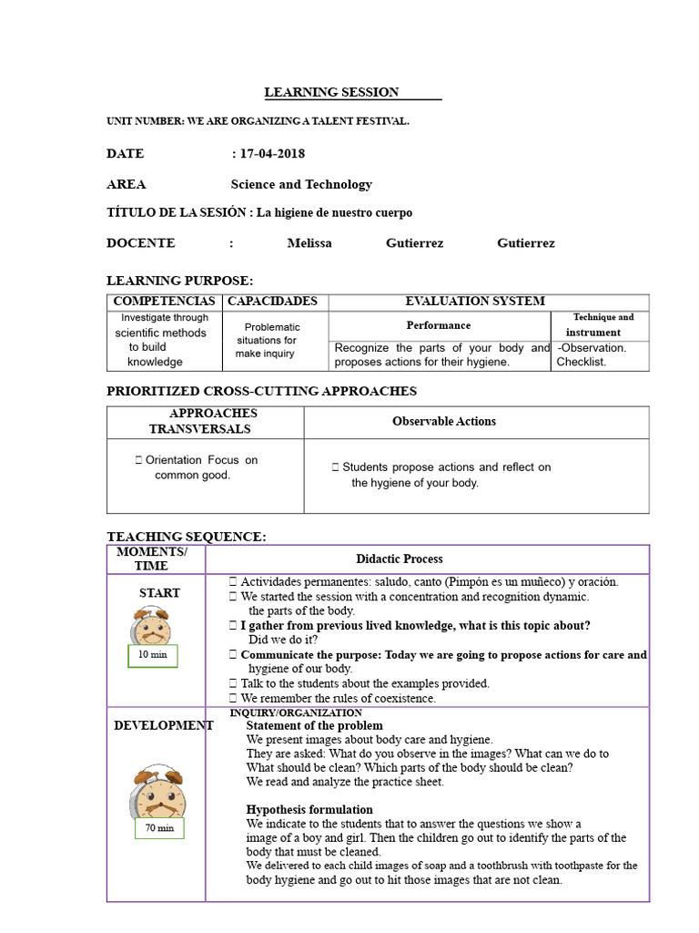 Body Hygiene and Number Recognition Session | PDF | Psychological ...